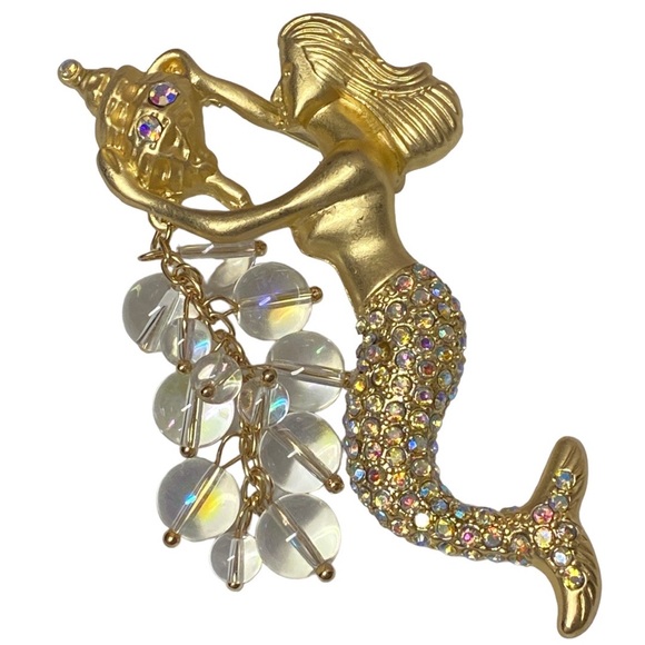 Jewelry | Gorgeous Mermaid Brooch Gold Tone Shells Bead Bubbles Jewelry ...